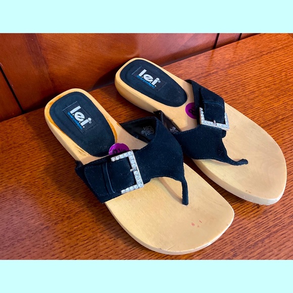 lei | Shoes | Vintage Y2k Lei Black Rhinestone Wooden Soled Flip Flops ...
